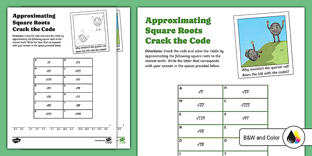 Eighth Grade Approximating Square Roots Crack the Code Worksheet