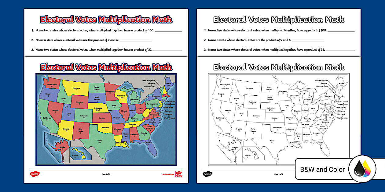Third Grade Electoral Votes Map Multiplication Math Activity Worksheet
