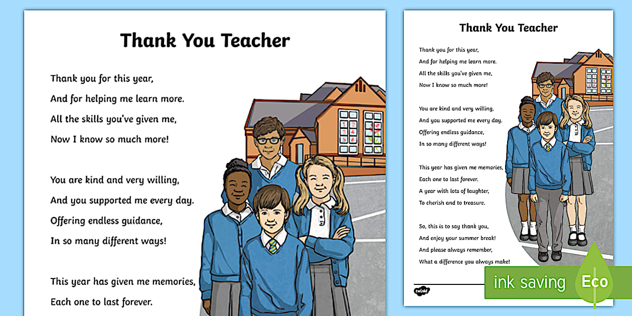 Black and White KS2 Thank You Teacher Poem - Twinkl