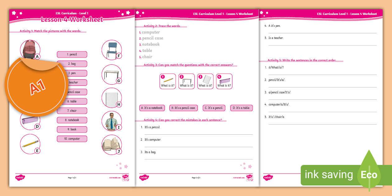 ESL Curriculum for Beginners: Lesson 4 Worksheet | Twinkl
