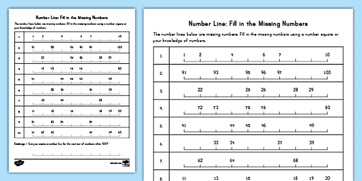 Missing Numbers on a Number Line Worksheet | Math Resources