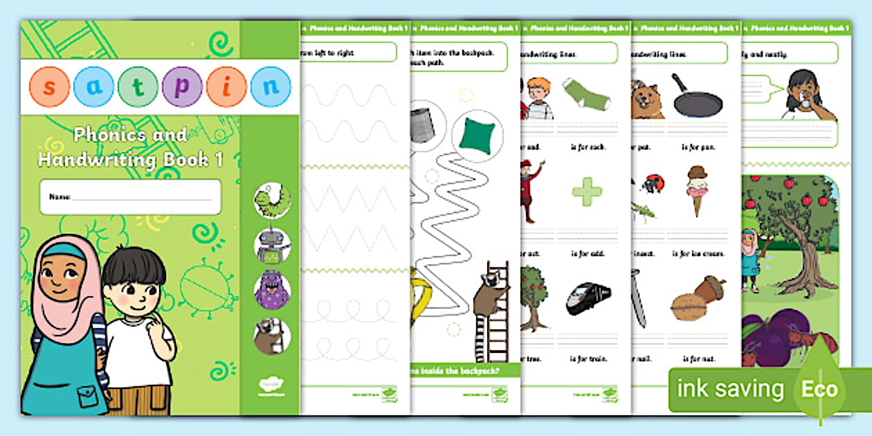 Black and White Phonics and Handwriting Book 1 - Twinkl