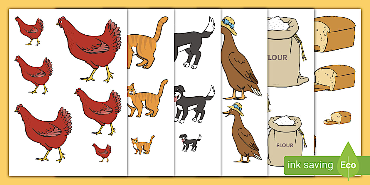 Black and White The Little Red Hen Size Ordering - Twinkl