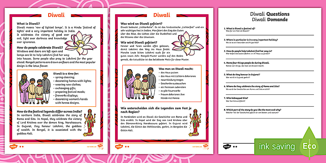 KS1 Diwali Differentiated Reading Comprehension Activity English/German