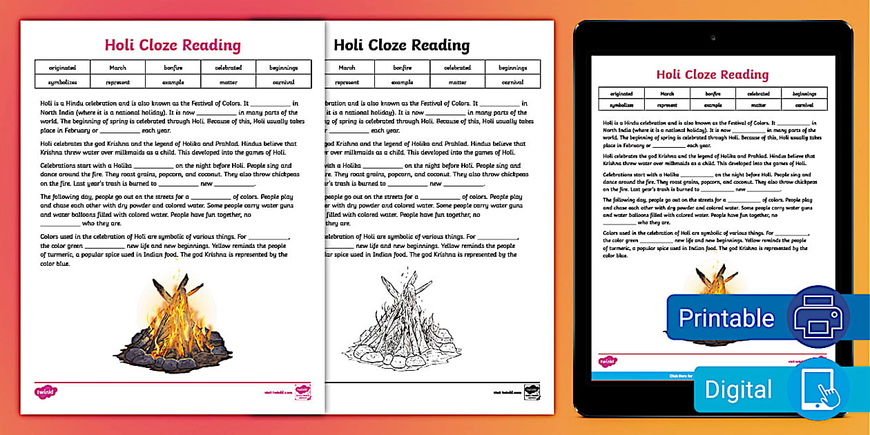 Fourth Grade Holi Cloze Reading Worksheet (Teacher-Made)