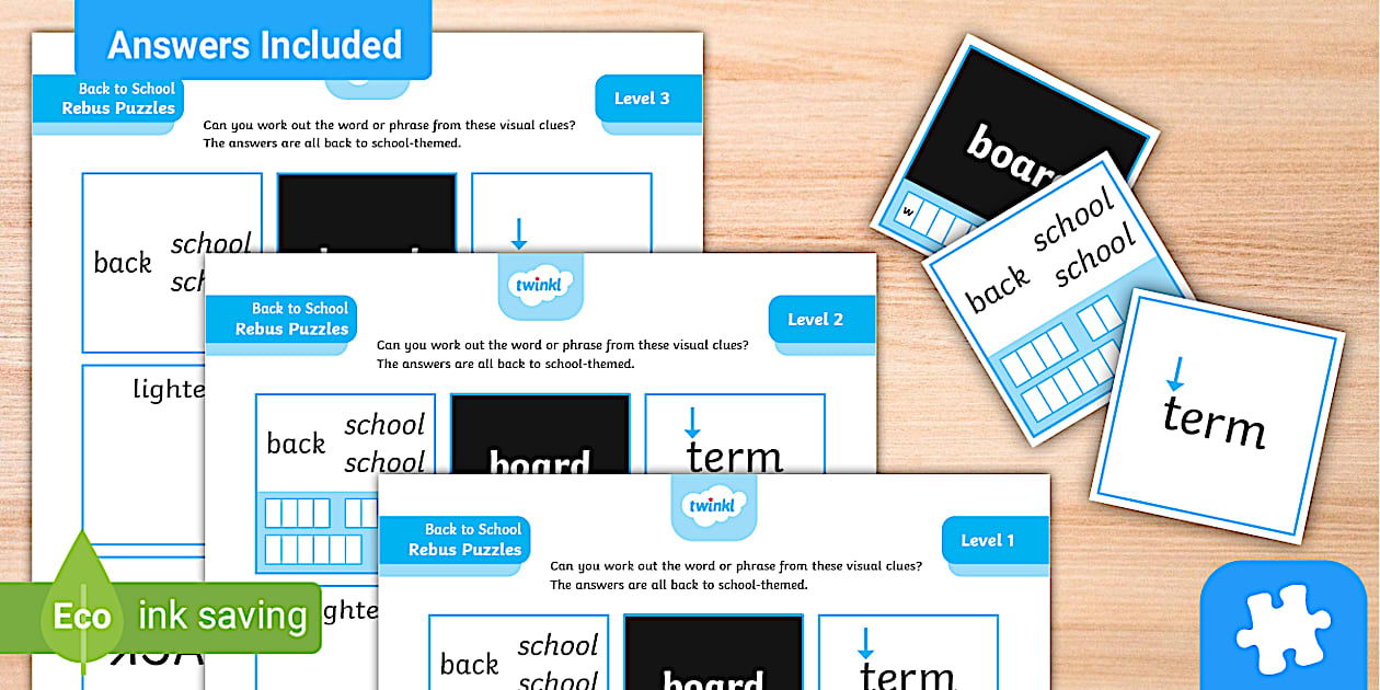 Fun Back to School Rebus Puzzle Cards - Kids Puzzles