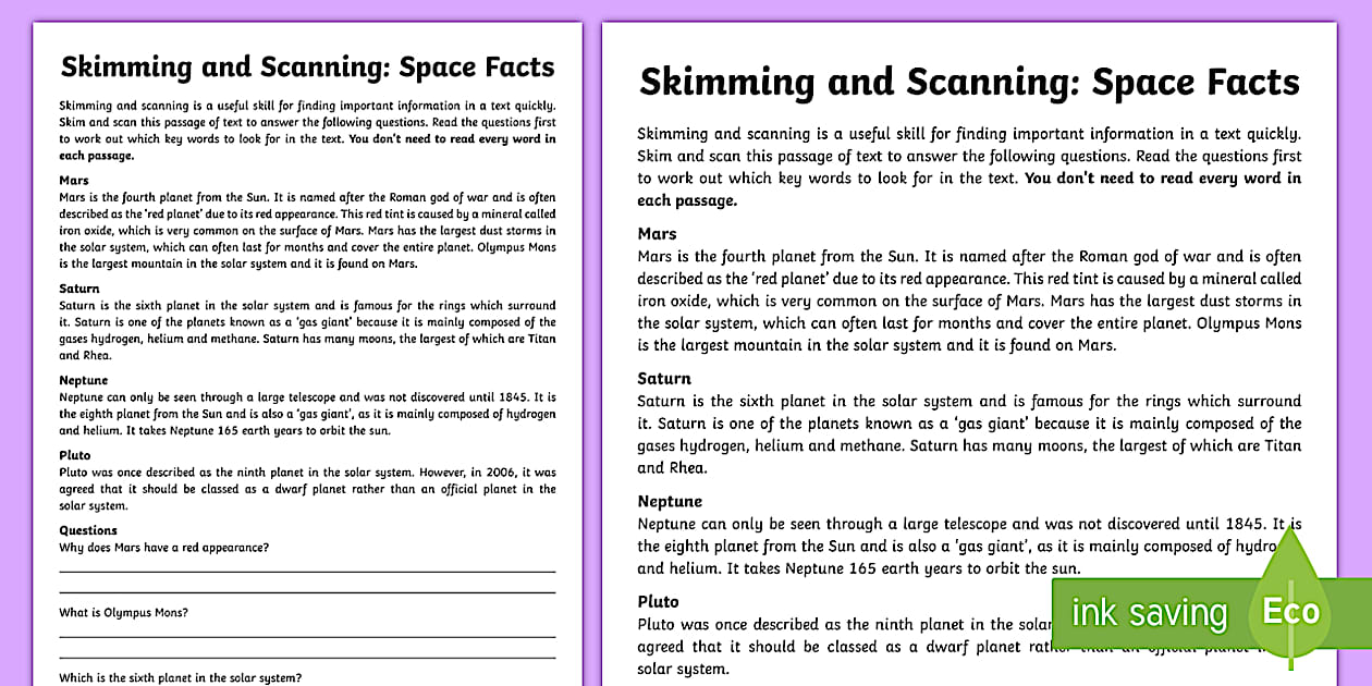 Editable Space Facts Skimming and Scanning Activity - Twinkl