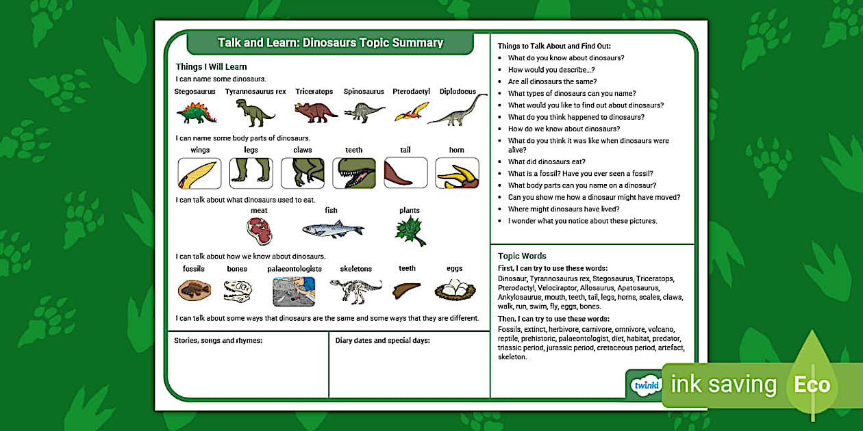 Talk and Learn: Dinosaurs Home Learning Summary | Twinkl