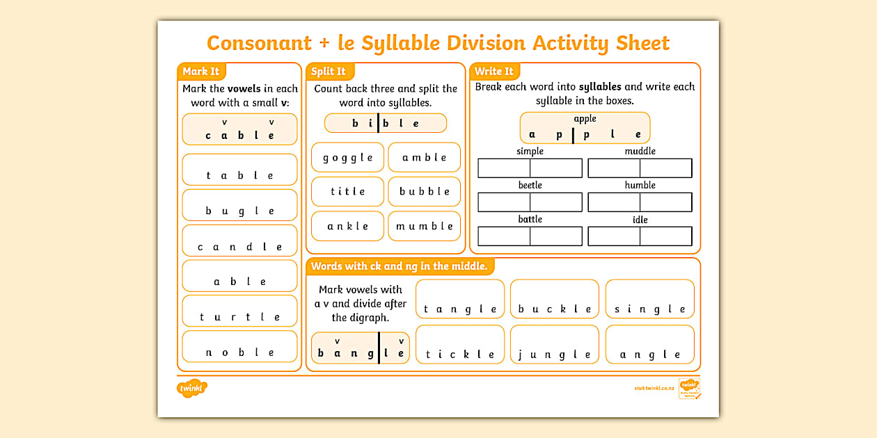 Consonant + le Syllable Division Activity Sheet - Twinkl