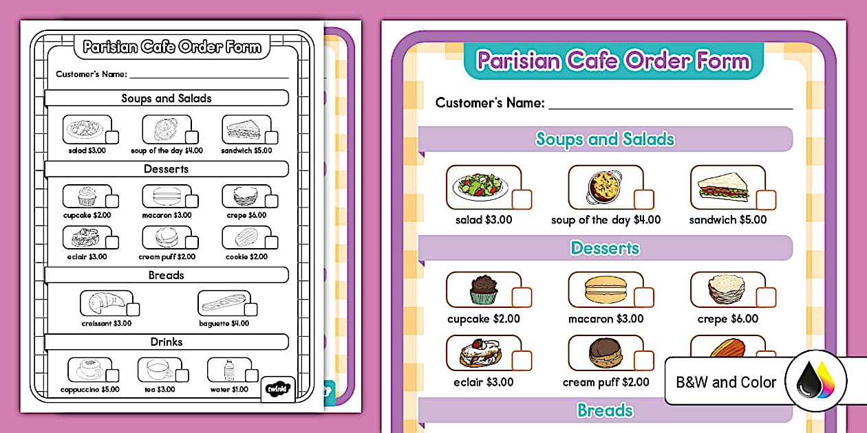 Parisian Cafe Dramatic Play Order Form (Teacher-Made)