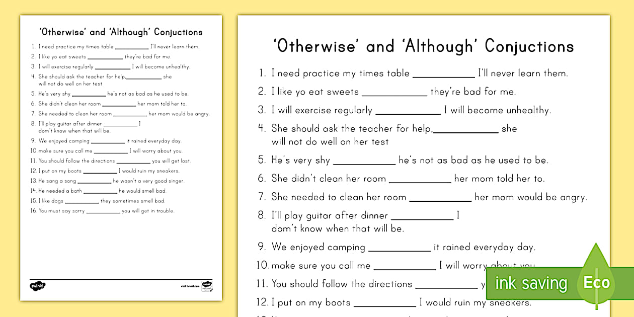 'Although' and 'Otherwise' Conjunctions Worksheet / Worksheet