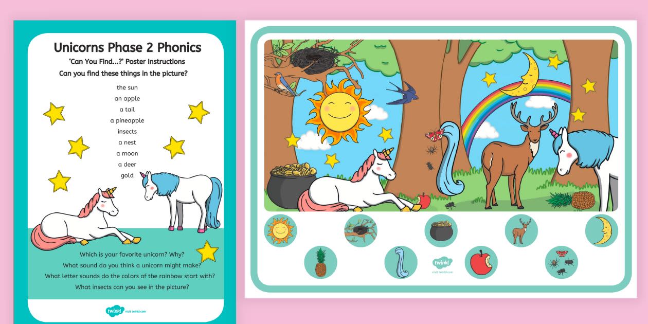 Unicorns Phase 2 Phonics Can You Find...? Poster and Prompt Pack