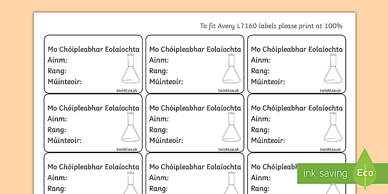 Irish Gaeilge Pupil Science Copybook Labels