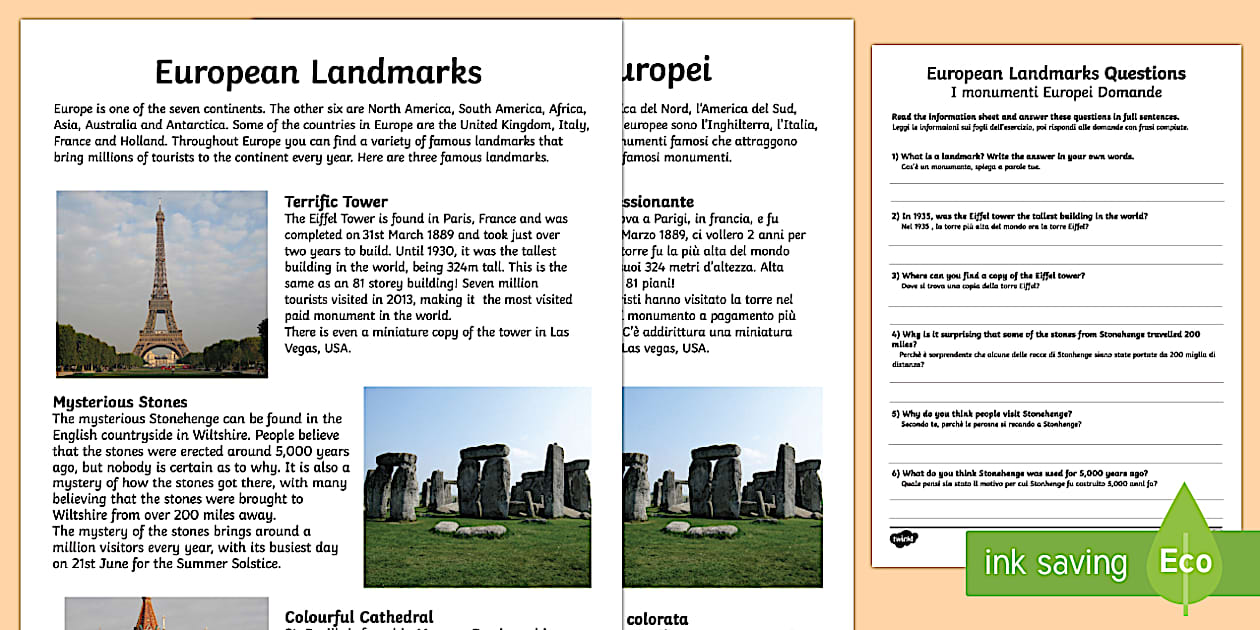 Europe Comprehension Landmarks Worksheet / Worksheet English/Italian ...