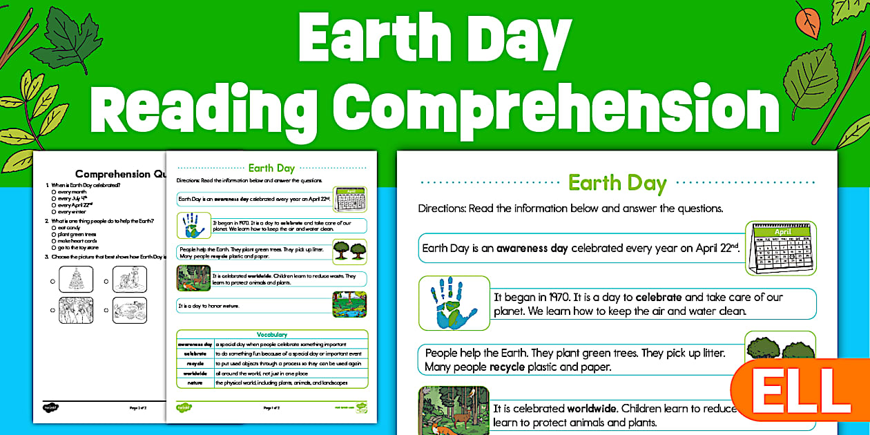 Earth Day Reading Passage Comprehension Worksheet for ELL