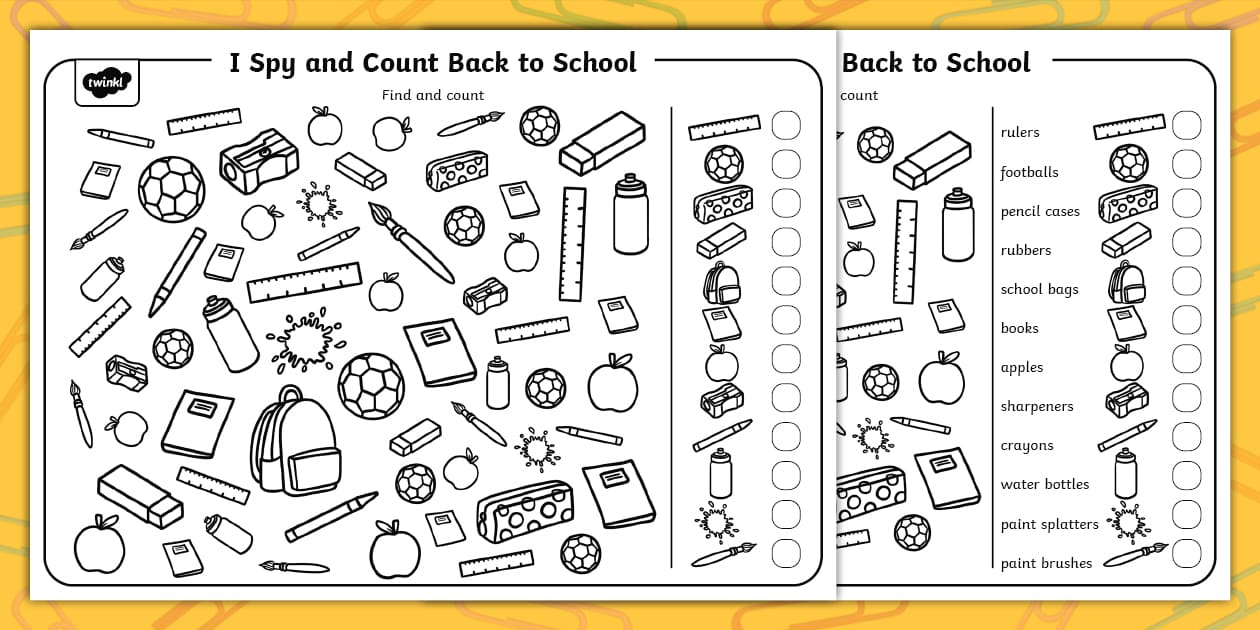 I Spy and Count Back to School Colouring Pages - Twinkl