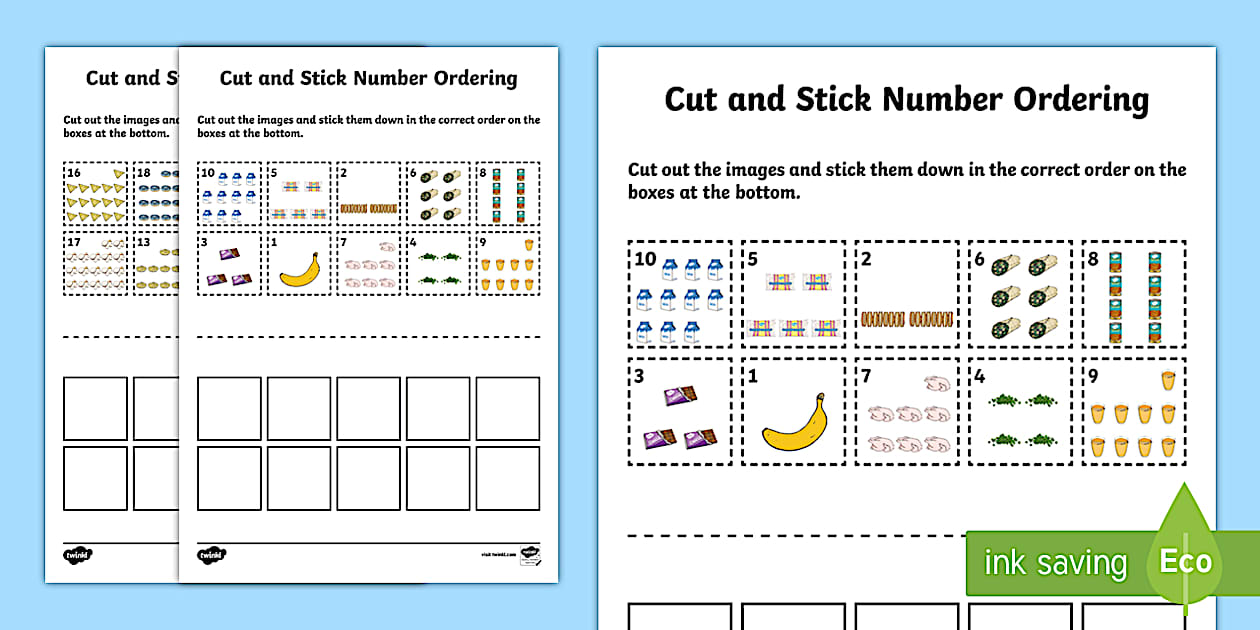 Food Themed Cut and Stick Number Ordering 1-20 Worksheet / Worksheets