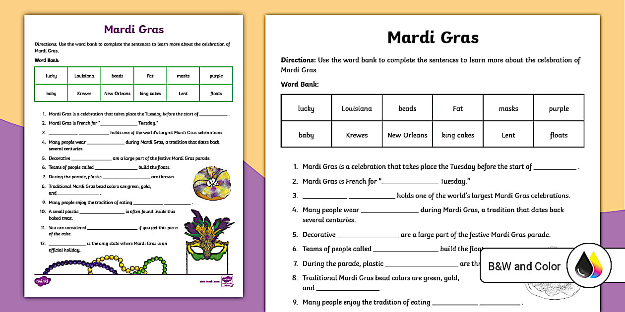 Third Grade Mardi Gras Cloze Reading Worksheet - Twinkl