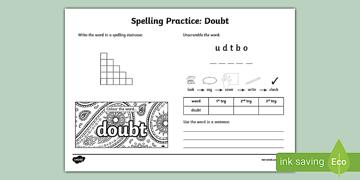 Doubt Spelling Practice Worksheet (Teacher-Made) - Twinkl