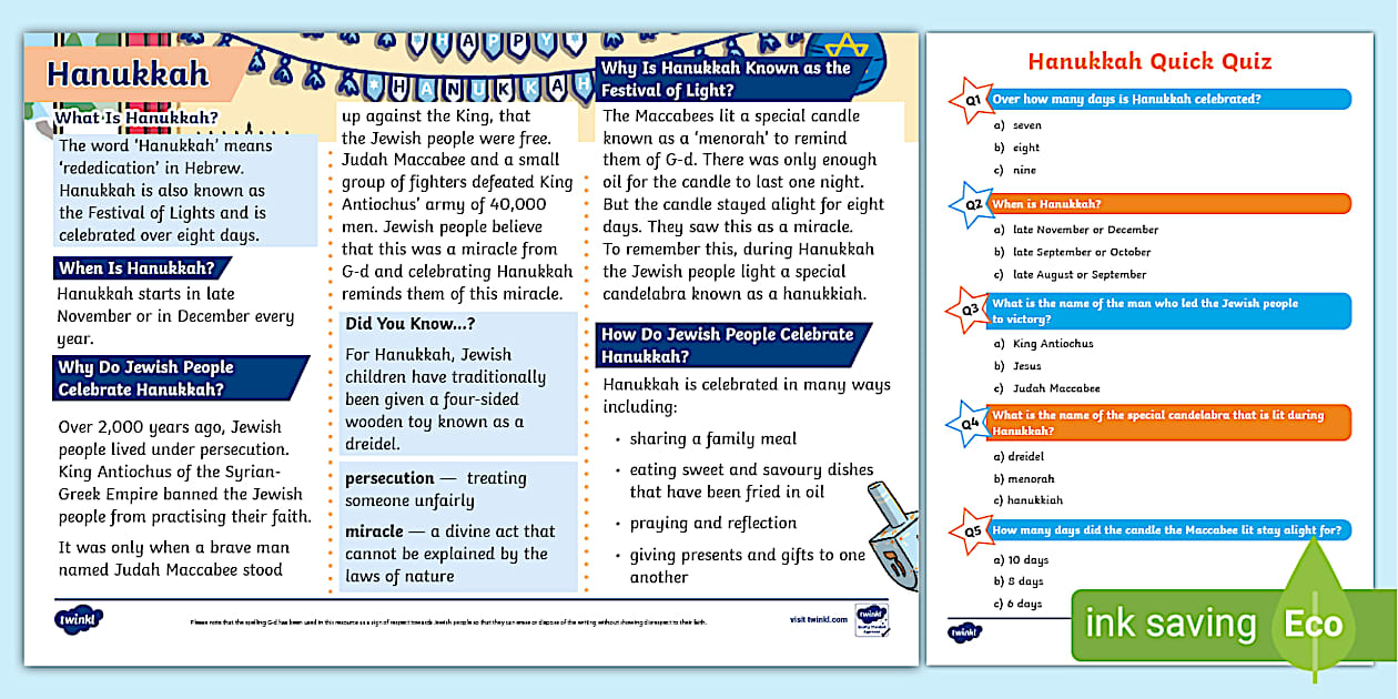 KS1 Hanukkah Fact File and Quick Quiz (teacher made)
