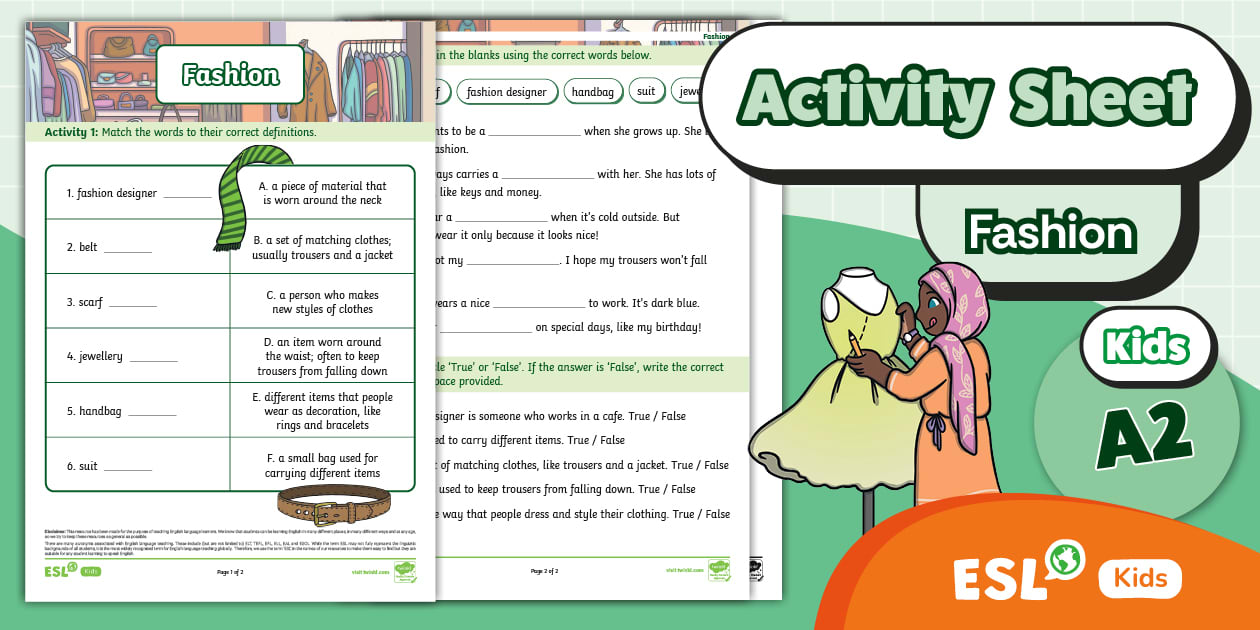 ESL Fashion Vocabulary Activity Sheet {Kids}