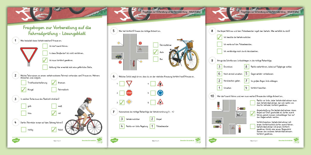 Testbogen – Prüfbogen: Fahrradprüfung 4. Klasse: Fragebogen - Lösungsblatt