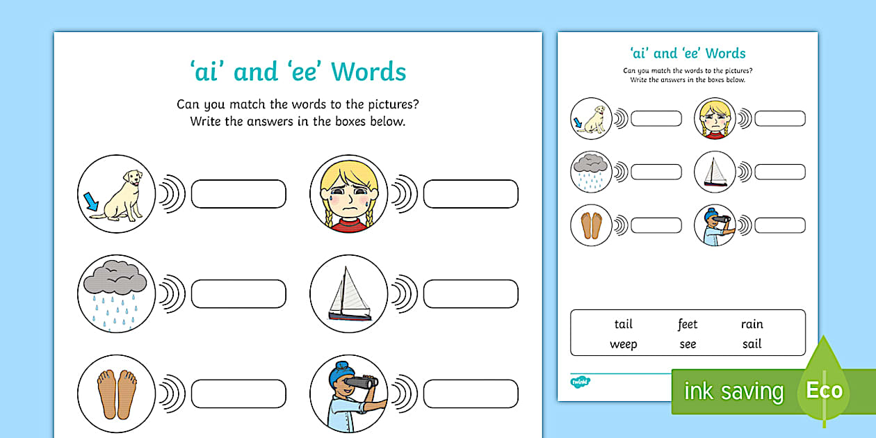 Black and White 'ai' and 'ee' Sounds Matching Activity Worksheet