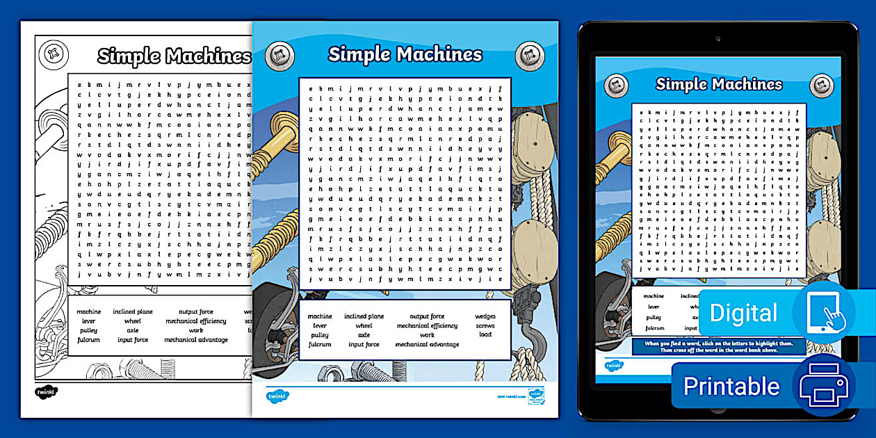 Simple Machines Word Search for 6th-8th Grade