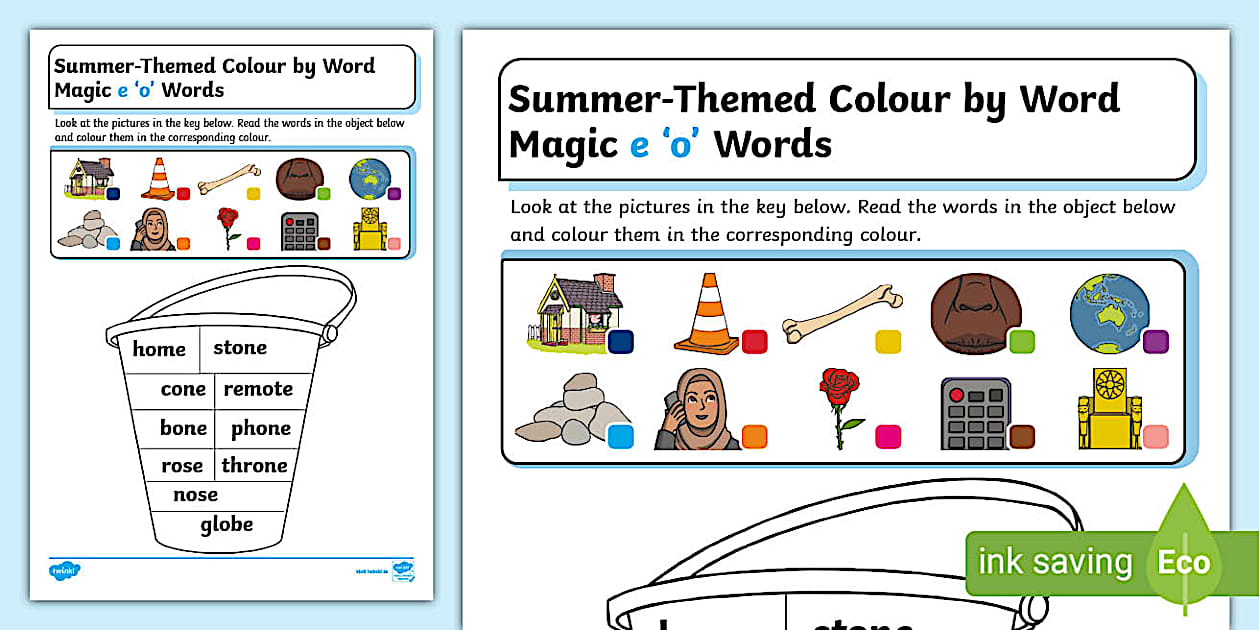 Summer-Themed Colour by Word Magic e 'o' words - Twinkl