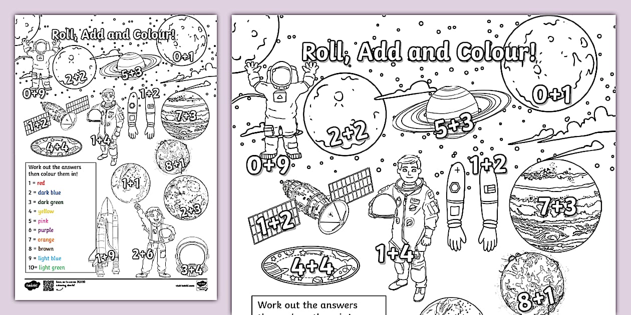 Space Add and Colour Addition Worksheet / Worksheet - Twinkl