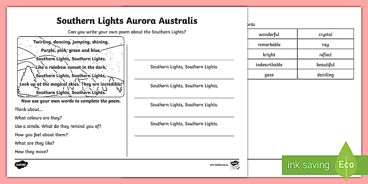 NSW Southern Lights Poem Worksheet (teacher made) - Twinkl