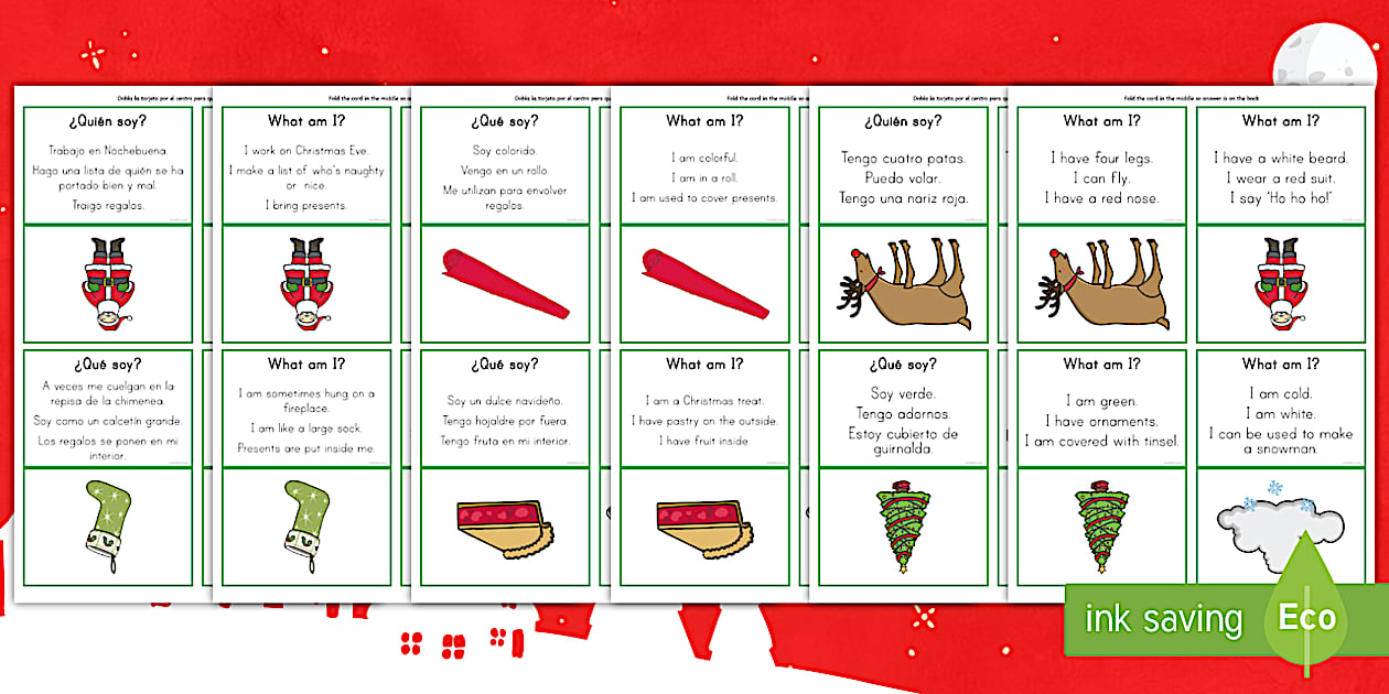 What Am I? Christmas Guessing Game English/Spanish - Twinkl
