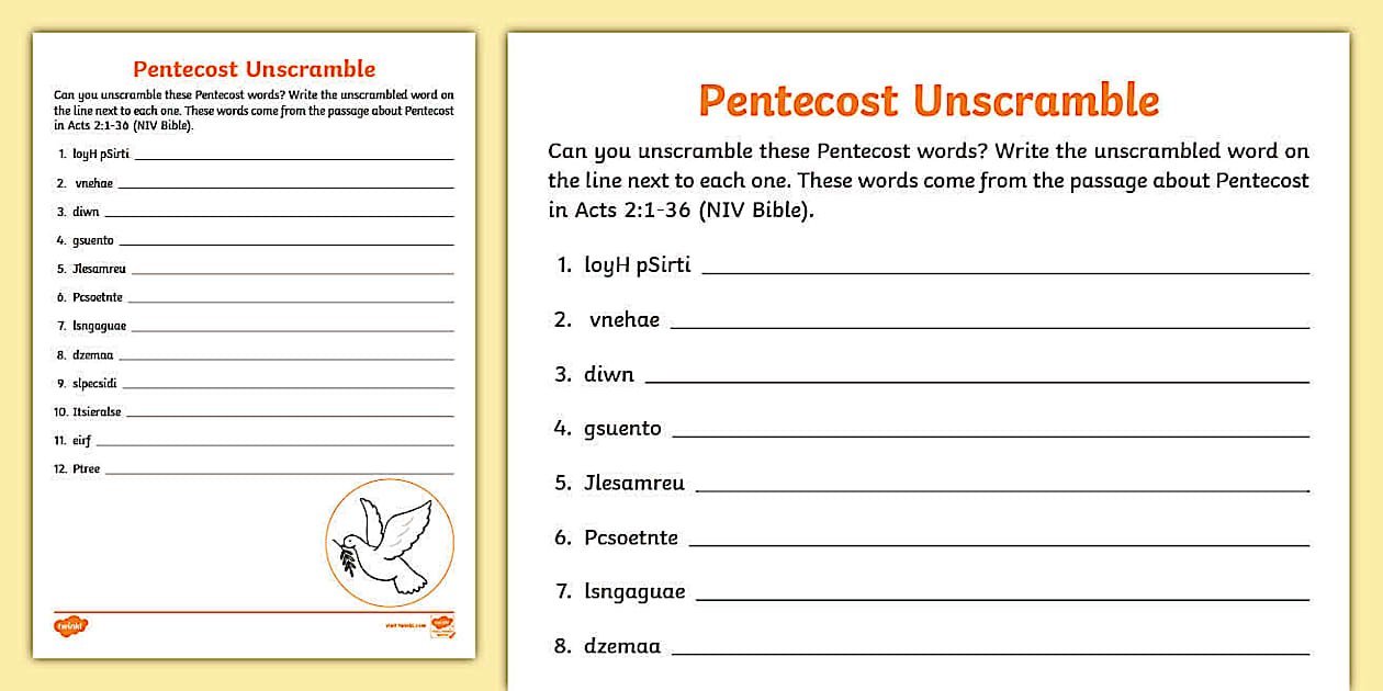 Pentecost Unscramble Worksheet / Worksheet (teacher made)