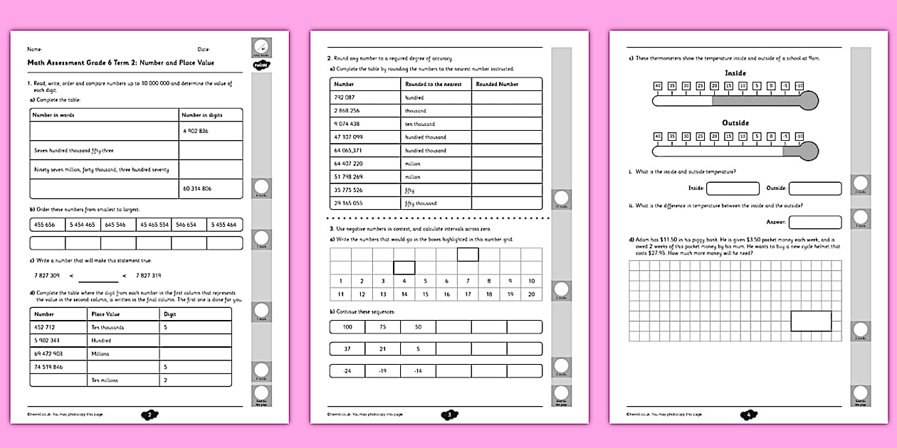 Grade 6 Number and Place Value Term 2 Test (teacher made)