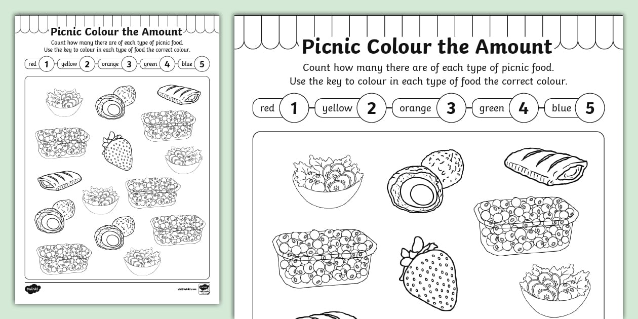👉 Picnic Food Colour the Amount Worksheet - Twinkl - KS1