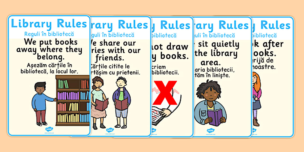 Library Rules Display Posters Illustrations Romanian Translation