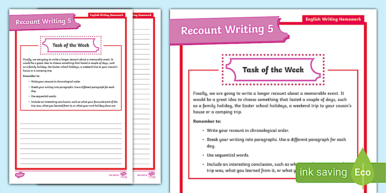 Writing Homework Recount 5 3rd/4th Class (teacher made)