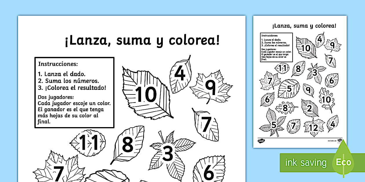 Actividad para contar y sumar: Lanza, suma y colorea las hojas