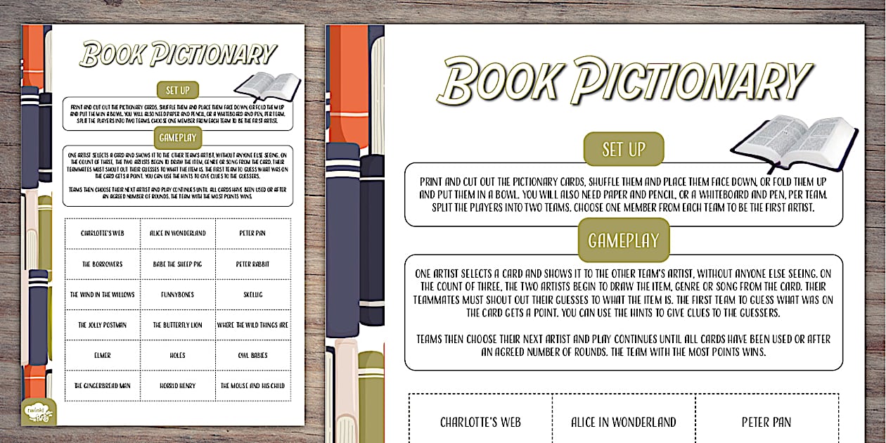 Books Pictionary Game Printable |Twinkl Party (teacher made)