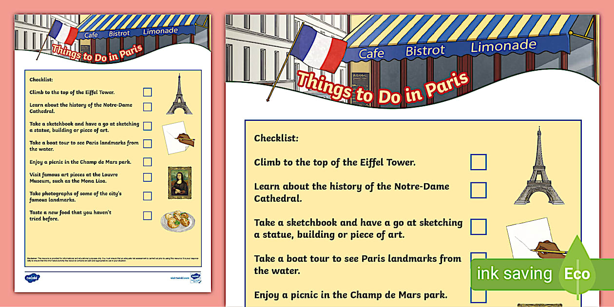 Things to Do in Paris Checklist Activity (Teacher-Made)