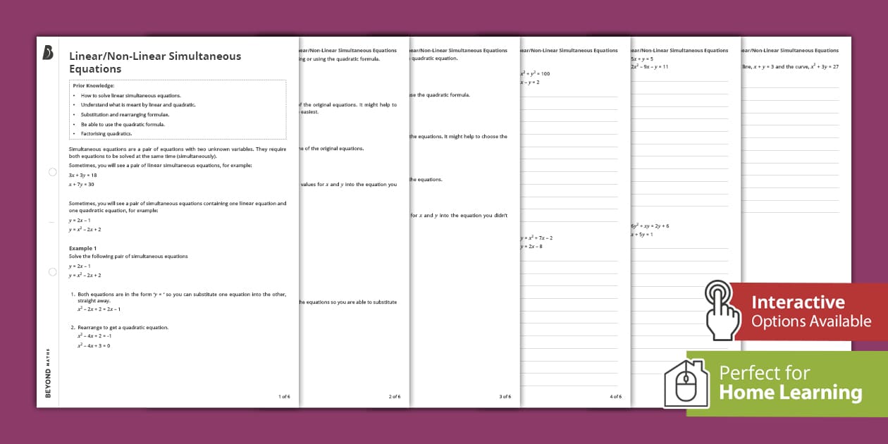 👉 Solving Non-Linear Simultaneous Equations - Home Learning