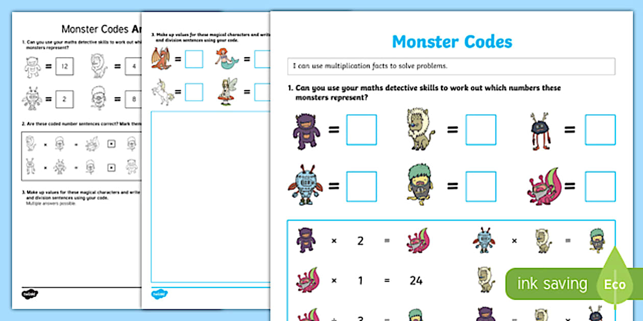 Monster Codes Worksheet / Worksheet Pack, worksheet - Twinkl