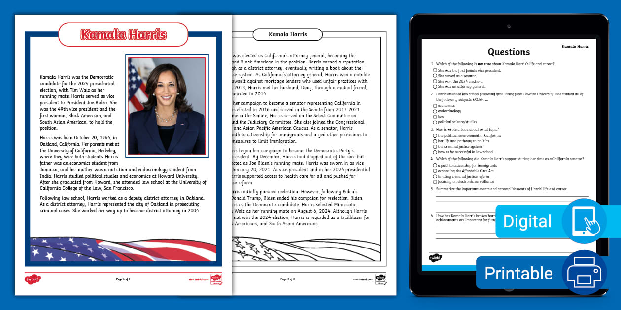 Eighth Grade Kamala Harris Reading Comprehension Worksheet
