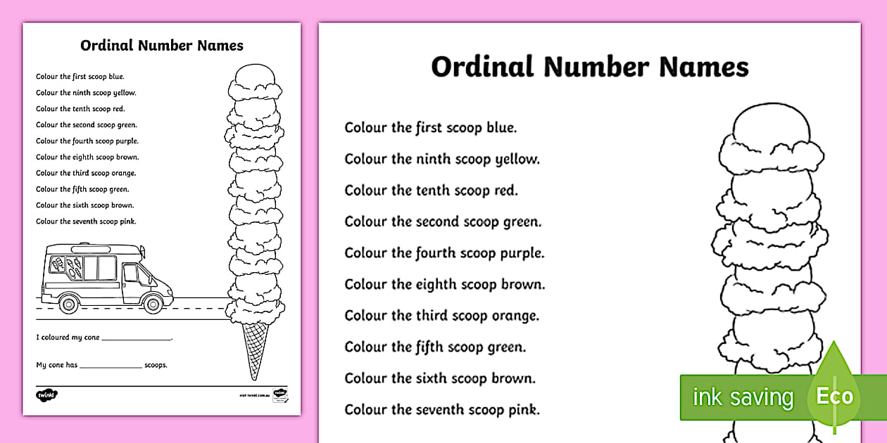 TAS Ordinal Number Ice Cream Colouring Worksheet - Twinkl