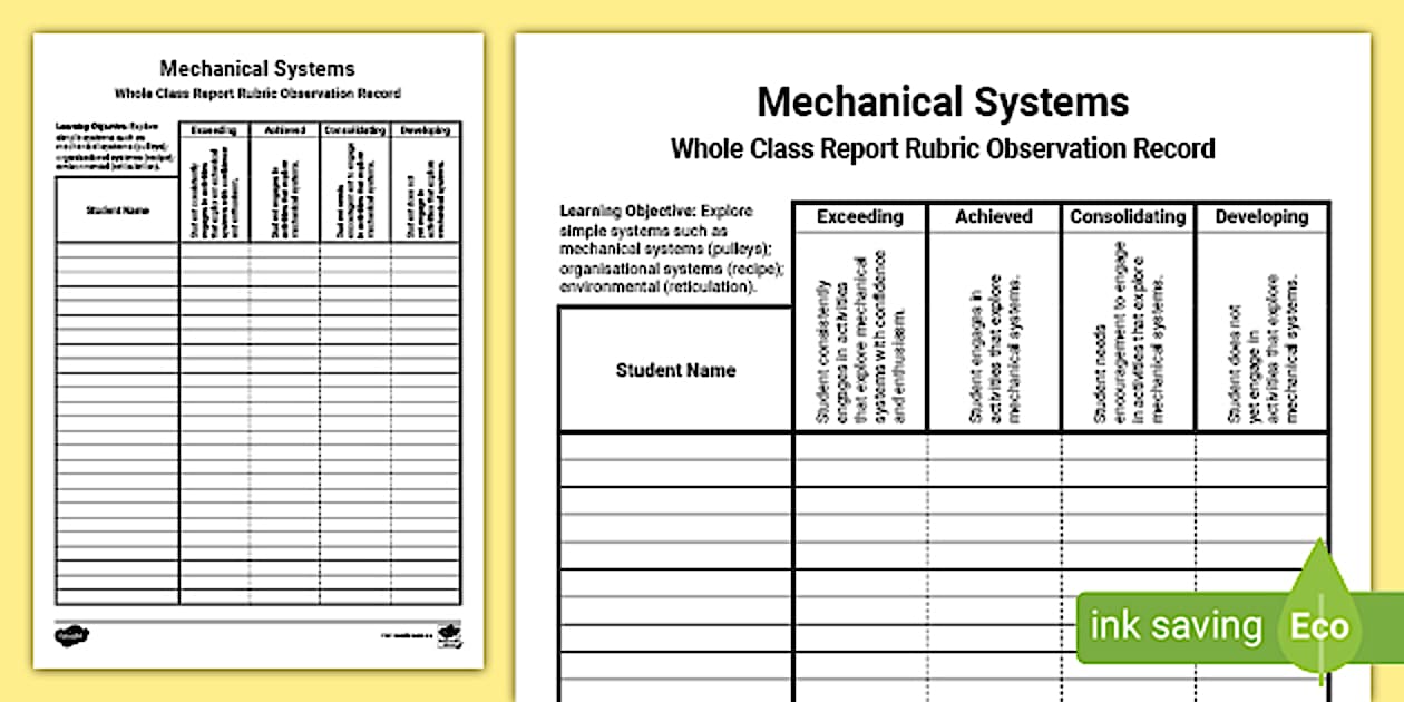 Editable Mechanical Systems EYLF Assessment Rubric/Guide to Making ... Editable Mechanical Systems EYLF Assessment Rubric/Guide to Making ...