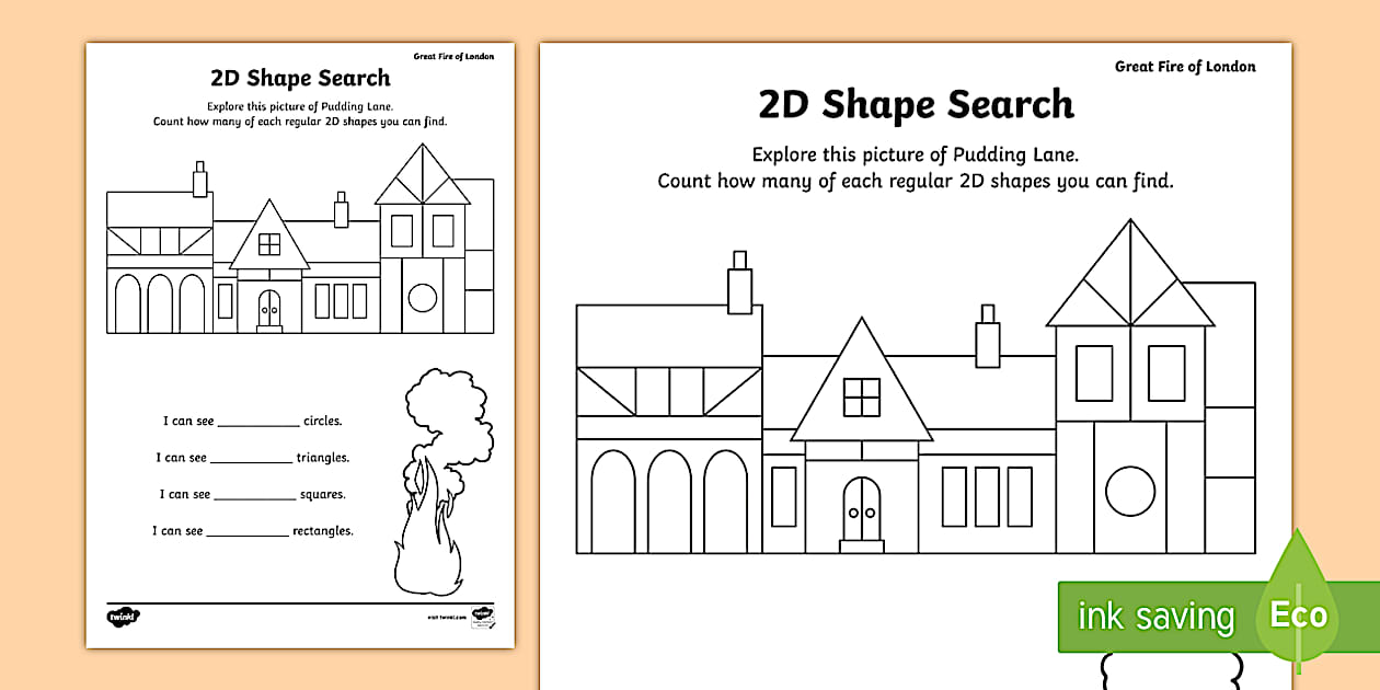 The Great Fire of London 2D Shape Search Worksheet - Twinkl