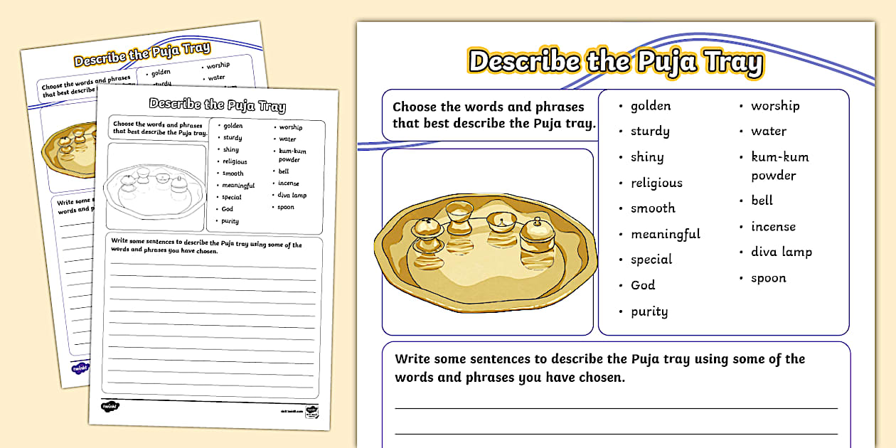Describe the Puja Tray Worksheet (Teacher-Made) - Twinkl