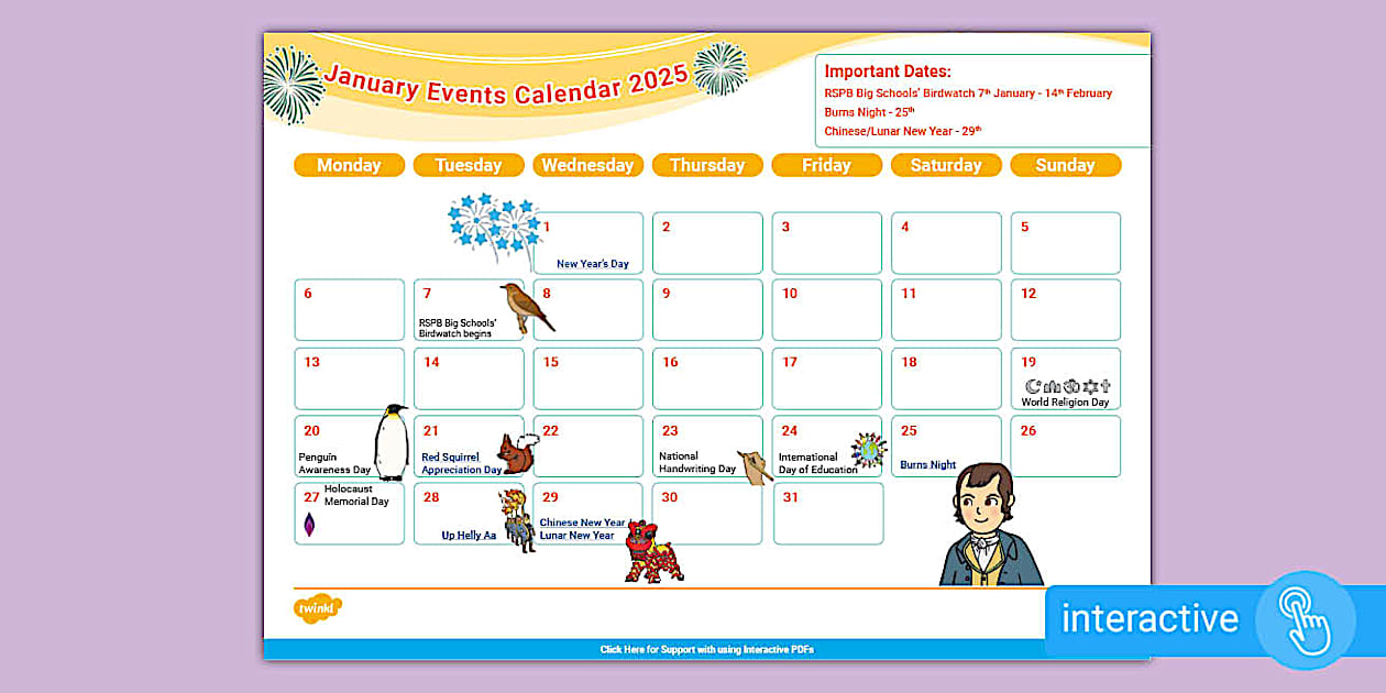 Interactive PDF: Free January Events Early Level Calendar