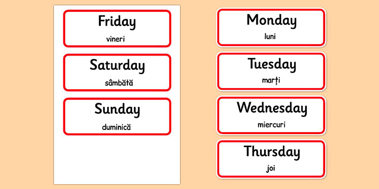 Days of the Week Word Cards Romanian Translation - Twinkl