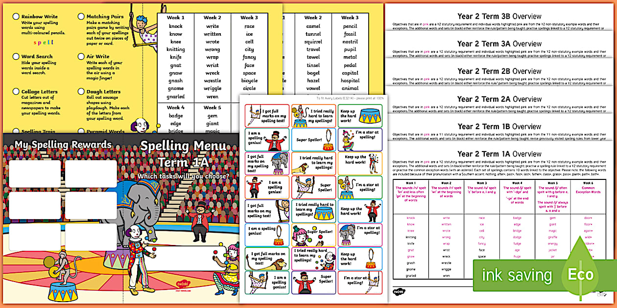 Editable Year 2 Circus Themed Spelling Menu Pack - Twinkl
